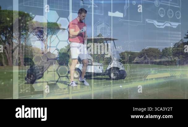 man preparing swing on golf fairway, showcasing hexagon graphics ...