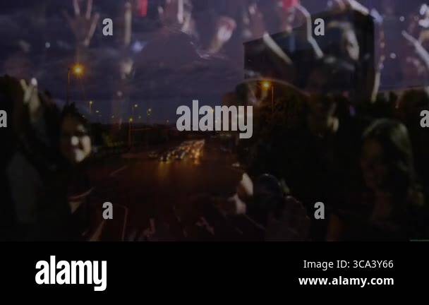 concert crowd filming urban highway at night, with animated data ...