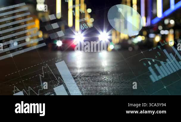 Translucent pie chart overlaying street at night, displaying digital finance charts and overlays ...