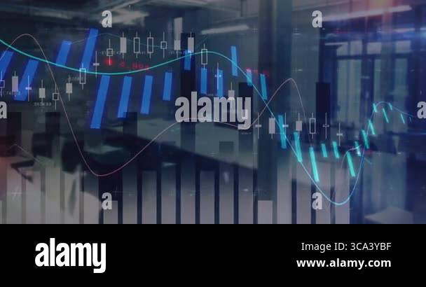 Flat design data chart overlay animating across office showing ...