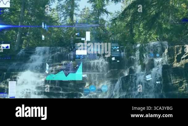 Multi-tiered waterfall cascading over dark rocks, data widgets floating ...