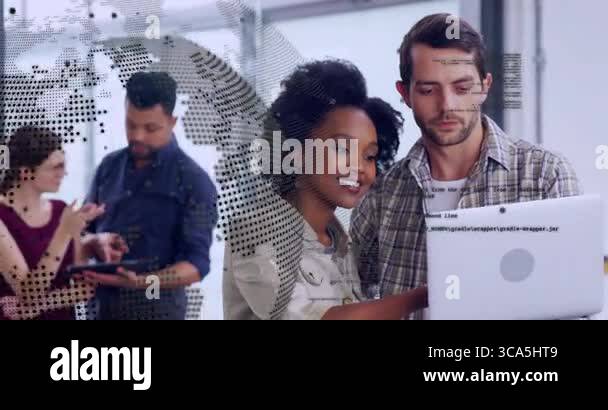 Developers collaborating in tech office, displaying code overlays with laptop, tablet and world ...