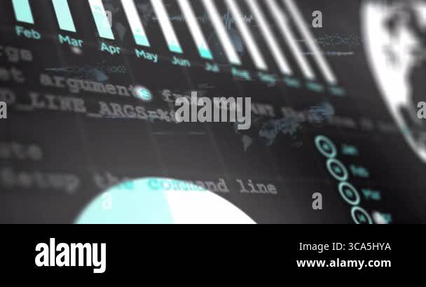 Teal diagonal bar chart animating on dark grid, showing world map ...