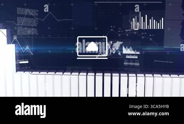 Dark blue data analytics dashboard displaying 3D bar chart, line graph, solid pie chart, lens ...