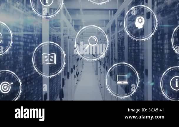 Server rack aisle glowing with streaming binary code and rotating data icons in blue 3D render ...