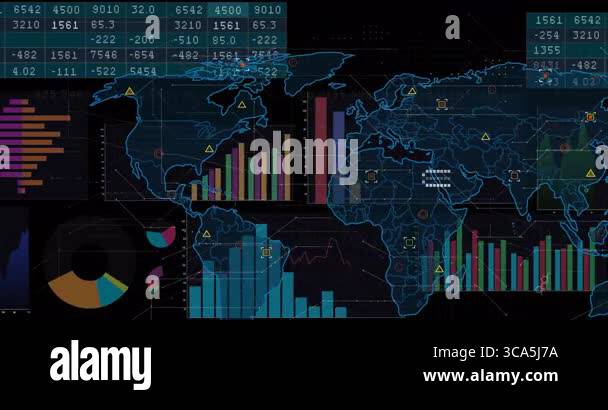 Analytics dashboard visualizing live data in dark flat design, with ...