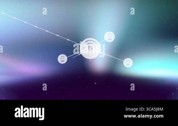 Abstract digital network glowing and linking nodes in scene, showing smartphone and Wi-Fi icons ...