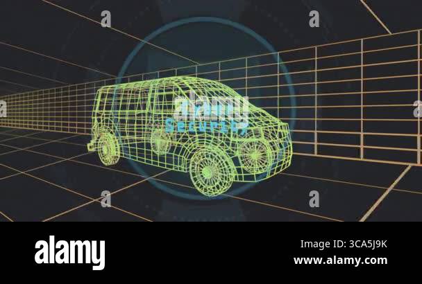 Neon green SUV wireframe model rotating in virtual grid tunnel ...