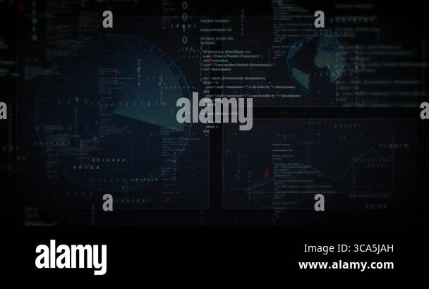 Circular radar visualization being animated over layered binary streams in dark HUD style ...