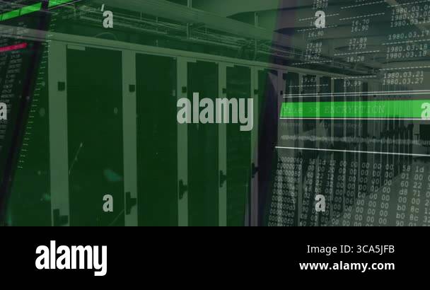 Server cabinets lining narrow corridor, showing code overlay and ...