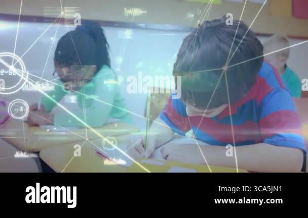 Classmates writing at classroom desks incorporating digital chart ...