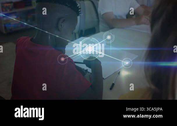 Classmates writing using pens on papers while network nodes connecting ...