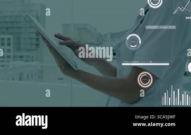 Medical professional tapping tablet while digital health data overlays ...