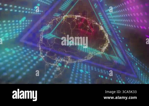 Golden mesh brain structure glowing over dark grid, radiating dynamic ...