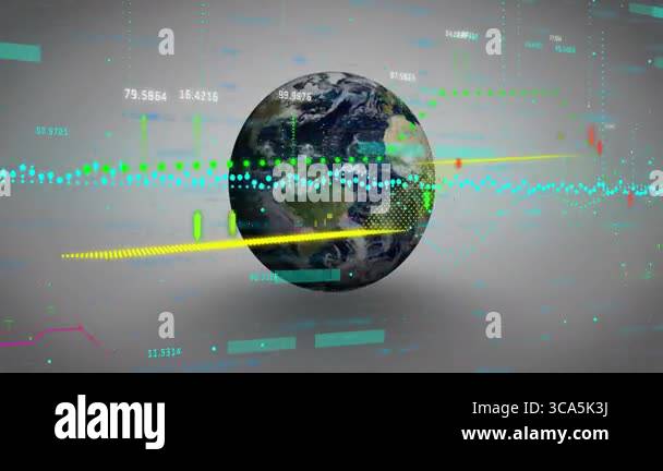 3D-rendered Earth globe rotating on grey dashboard, displaying candlestick bars and dotted ...