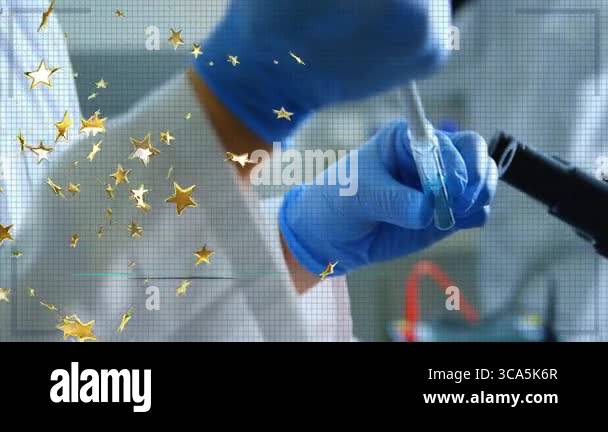 Medical data graph being animated in lab scene, with syringe, gloves ...