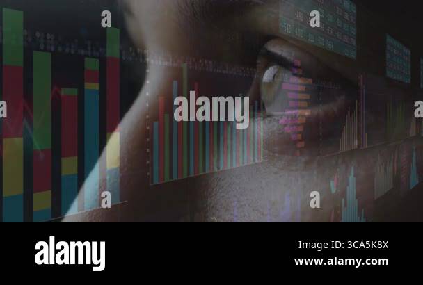 Female analyst monitoring data interface overlaying bar charts line ...