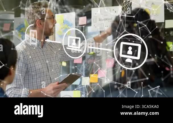 Three professionals collaborating on glass board, tech overlaying ...