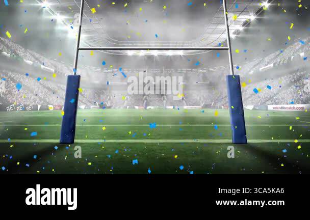 Rugby goal posts with protective pads being displayed in 3D stadium ...