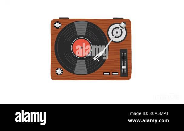 Flat design animation of a vintage turntable with a spinning vinyl ...