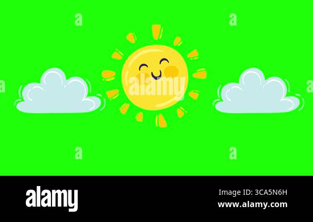 4K Animation of a cute shining smiling sun in a cartoon style among ...
