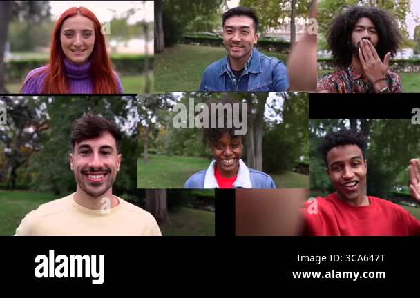 Multiethnic young adults greeting warmly through video conference ...