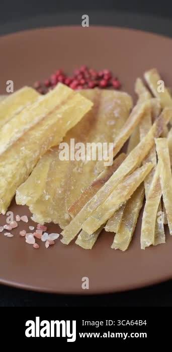 Food, snacks or jerky made from dried dehydrated salted fish with ...