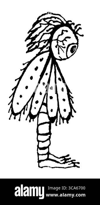Side view full body portrait fly man monster black and white hand drawn ...