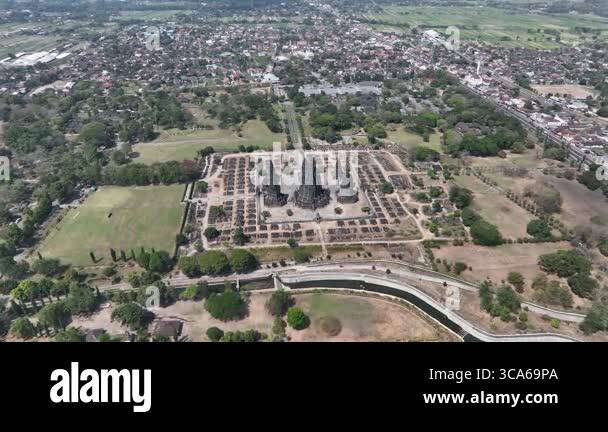 A breathtaking aerial view of Prambanan Temple, the largest Hindu temple complex in Indonesia ...