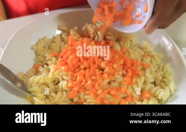 Mix macaroni and carrot mixture. a bowl of macaroni plus chopped ...