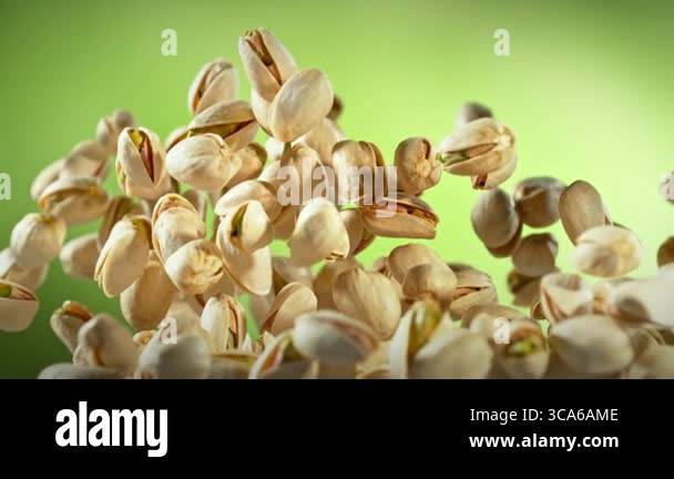 Super Slow Motion Shot of Fresh Pistachio Nuts Flying Up on Green ...