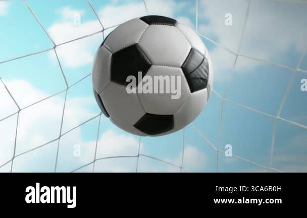 Super Slow Motion Soccer Ball Hitting Goal Net with Blue Sky Background ...