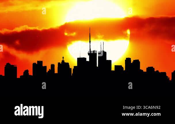 City skyline silhouette hot cinematic sun set, downtown cityscape with ...