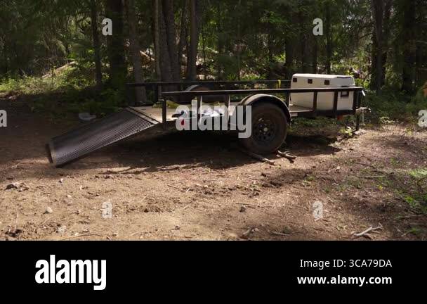 A utility trailer stands still, parked among tall trees in a quiet ...