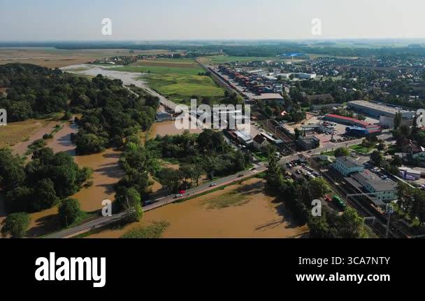 Aerial view of flooded suburban and industrial zone after heavy rain ...