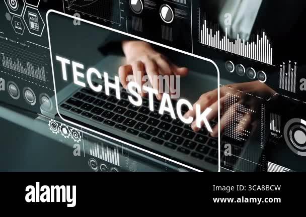 Hands Typing on Laptop with Digital Tech Stack Overlay in Modern Office ...