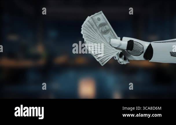 A futuristic robotic hand presents a fanned set of banknotes ...