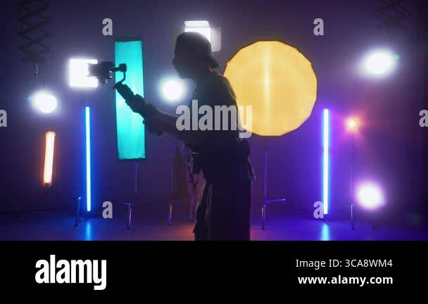 Backstage. Professional shooting pavilion with lighting equipment. The ...