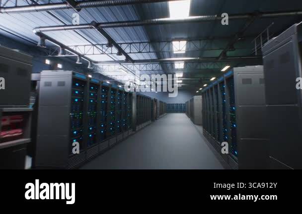 Modern Data Technology Center with Server Racks in Large Storage with ...