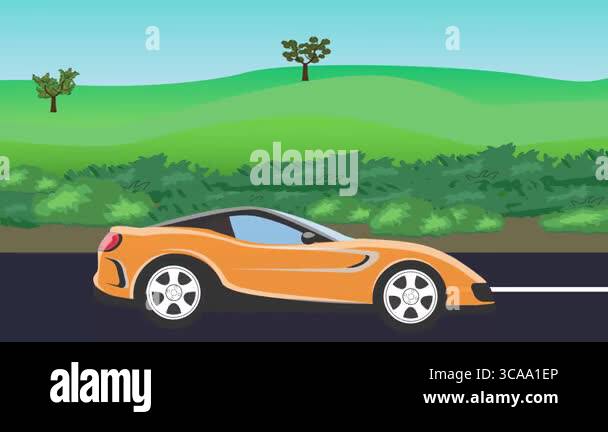 Auto car running on the road, 2d cartoon animation with nature fields ...