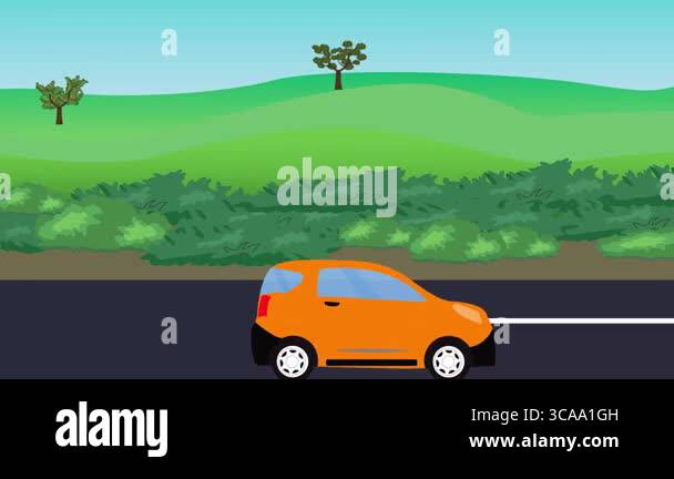 Auto car running on the road, 2d cartoon animation with nature fields ...