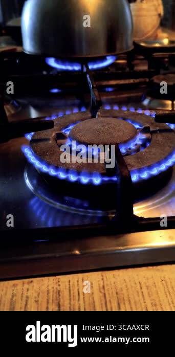 gas burning on a gas burner. blue flame of burning gas. igniting ...