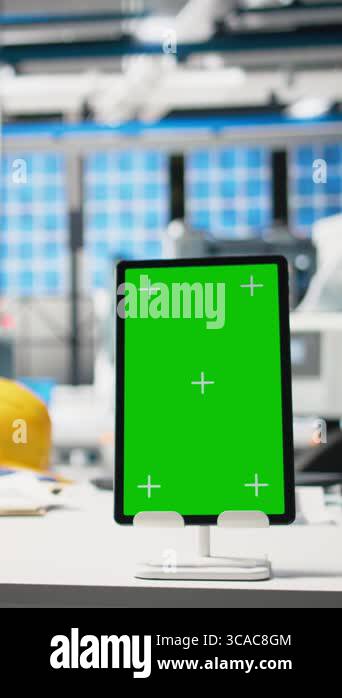 Vertical Video Green screen on a laptop at empty photovoltaics desk to ...