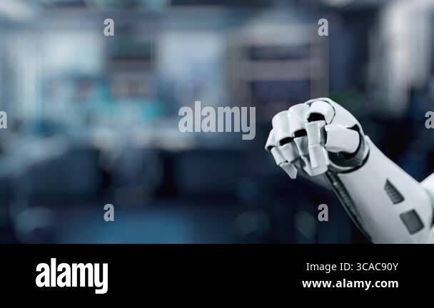 Close up of robotic hand pointing and tapping at heart hologram with ...
