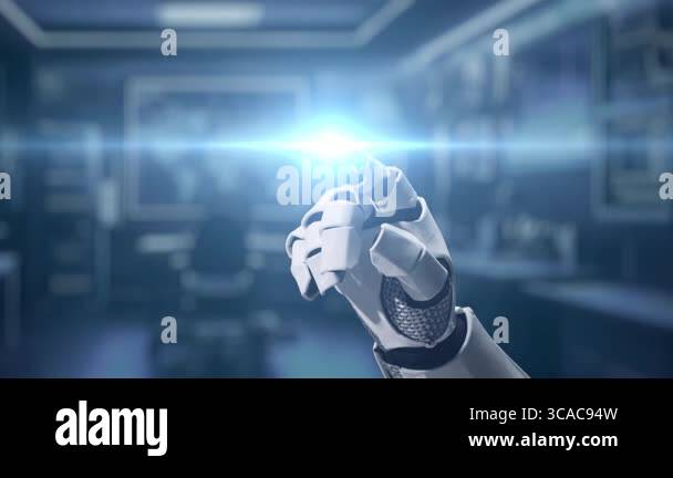 A futuristic robotic arm interacts with digital cloud technology ...