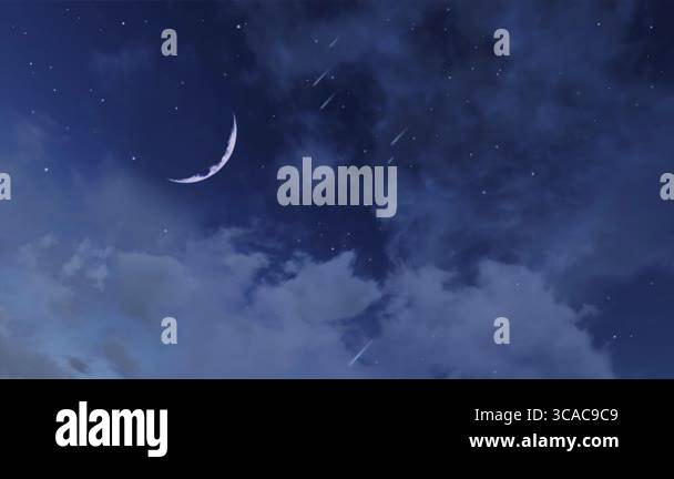 Dreamlike starry night sky with fantastic big half moon and falling ...