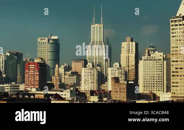 Aerial drone closeup view of modern skyscraper office buildings in ...