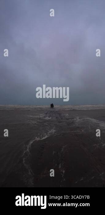 A solitary figure walks along the shore under ominous clouds, capturing ...