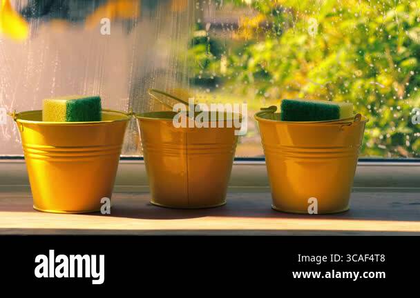 Spring cleaning washing windows with soapy suds medium 4k shot ...