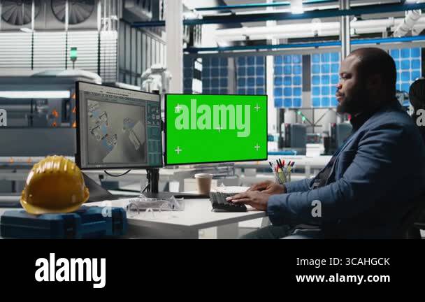 Male tech specialist reviewing assembly line next to mockup on pc ...